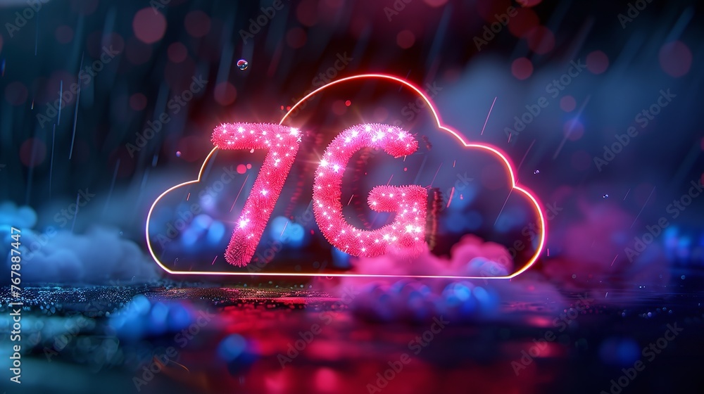 Dynamic 7G symbol in a dark background with digital particles and a ...