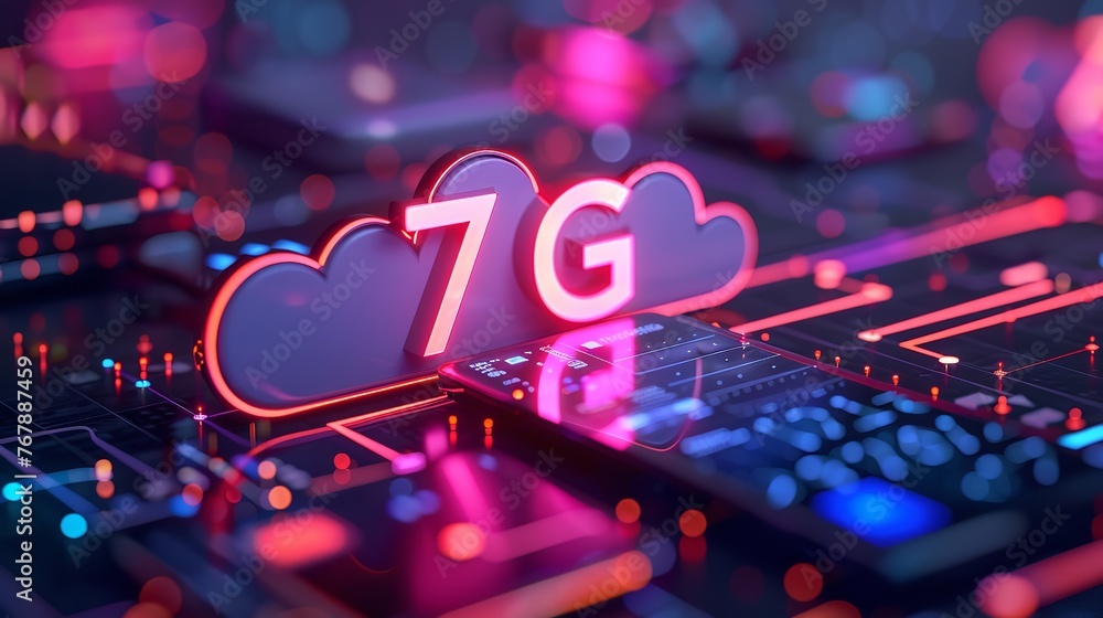 Dynamic 7G symbol in a dark background with digital particles and a ...