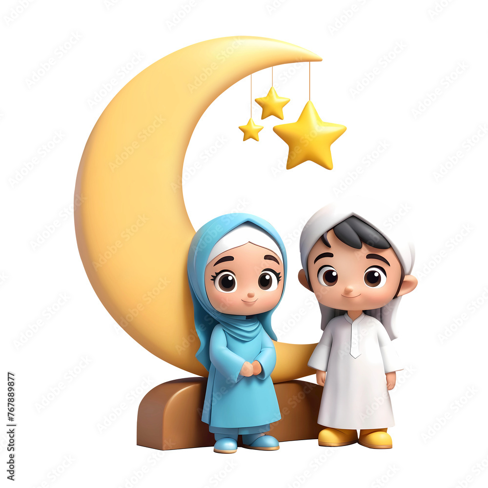 3d rendering cartoon little girl and boy with golden crescent moon ...