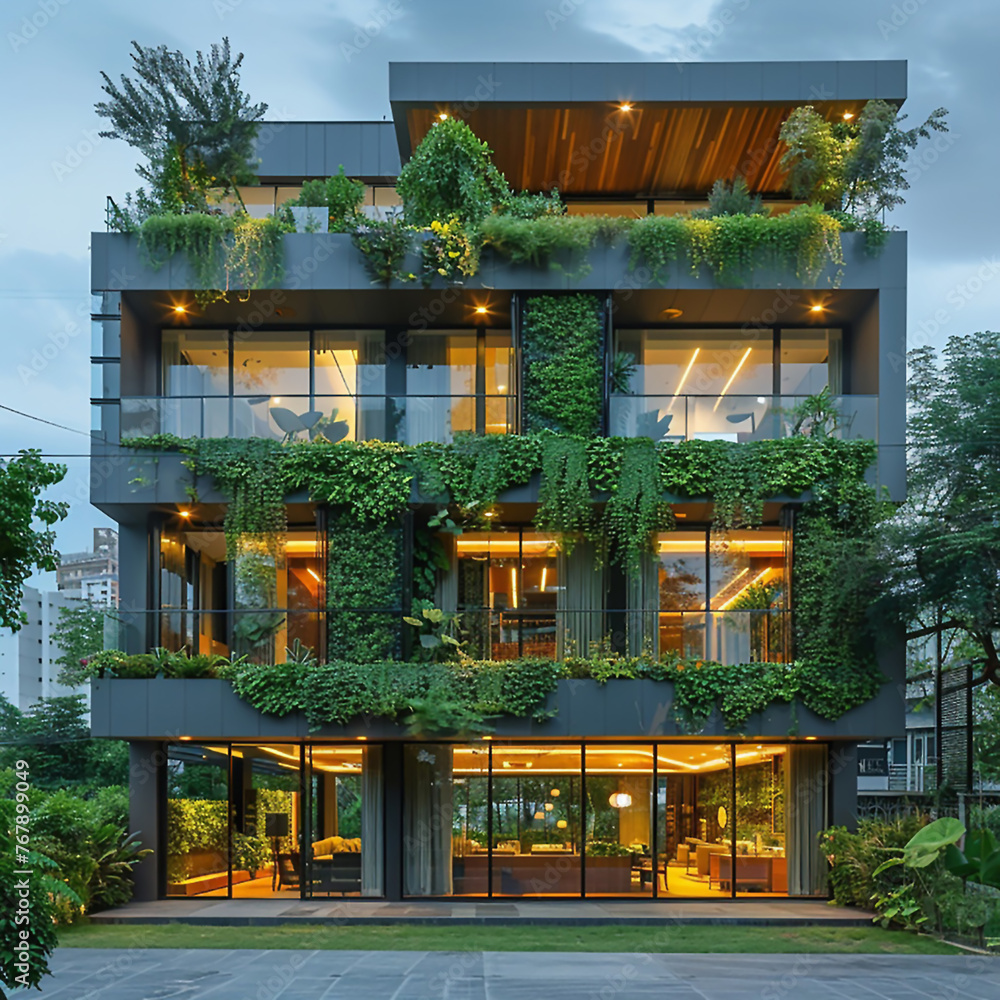 Eco-friendly building in the modern city. Sustainable glass office ...