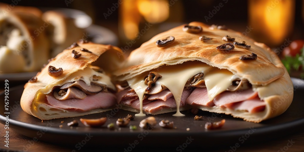 A Delicious Half-Moon Calzone. A close-up photo of a halved calzone ...