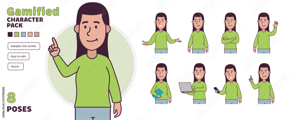 Simple flat gamified female vector character in a set of multiple poses ...