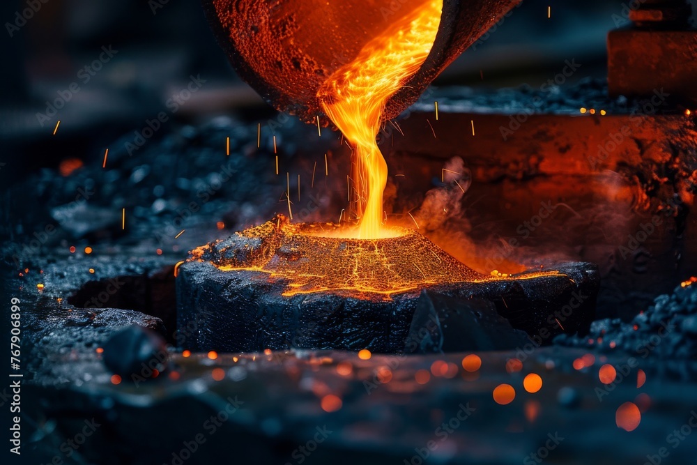 Molten metal pouring into a mold in a forge, a dramatic depiction of ...