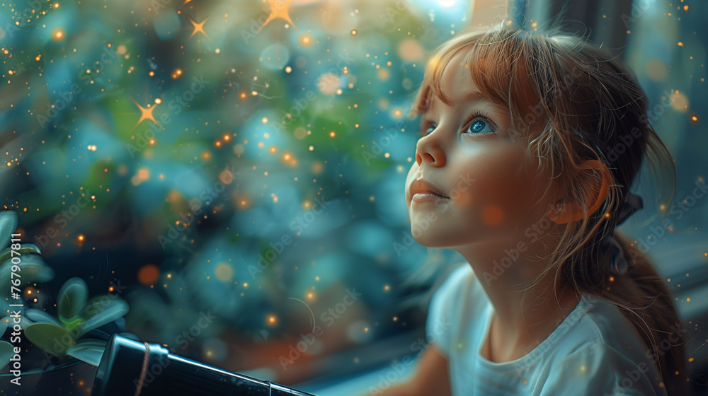 Child gazing out a window with wonder, illuminated by magical starry ...
