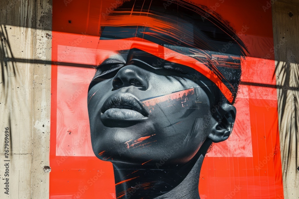 Striking Urban Street Art Mural of Female Face with Red Accents on ...