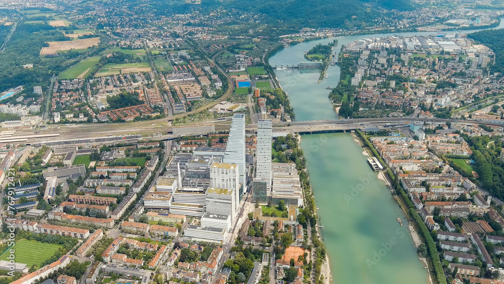 Basel, Switzerland. Skyscrapers. Basel is a city on the Rhine River in ...
