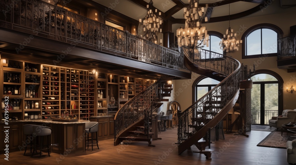 Dramatic two-story wine tasting room with rolling library ladder and ...