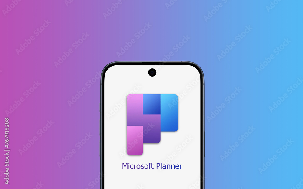 2024 Microsoft Planner logo is displayed on a modern smartphone, purple ...