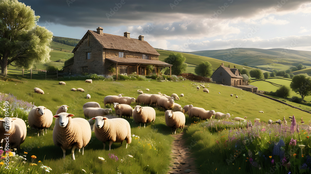 A peaceful countryside scene, with rolling green hills dotted with grazing sheep and a rustic ...