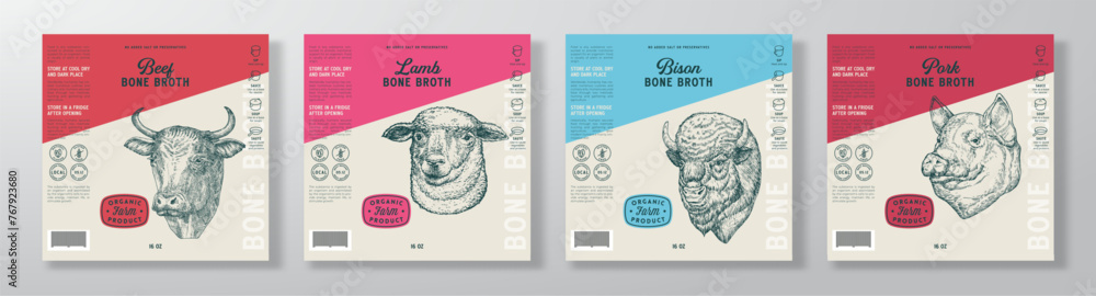 Bone Broth Label Templates Set. Abstract Vector Food Packaging Design ...