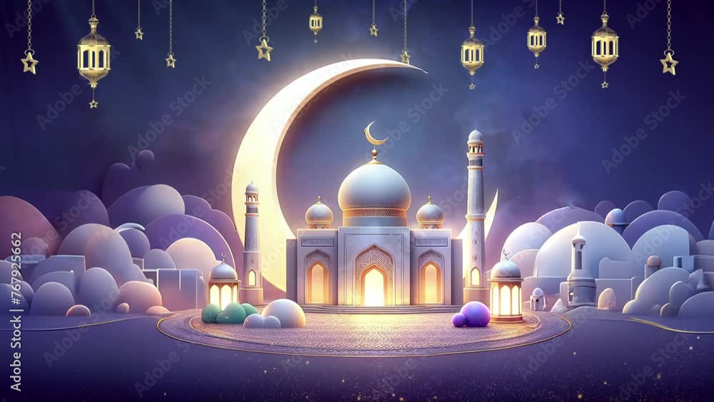 Ramadan Kareem celebration banner. Eid mubarak islamic mosque with half ...