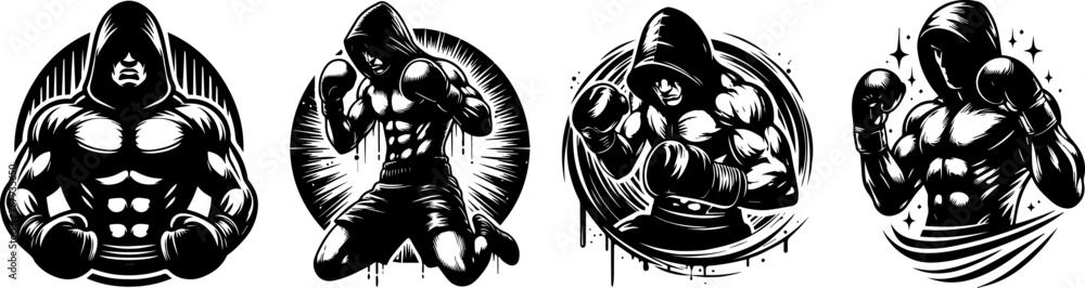 Vecteur Stock mysterious boxer with hood on head vector illustration ...