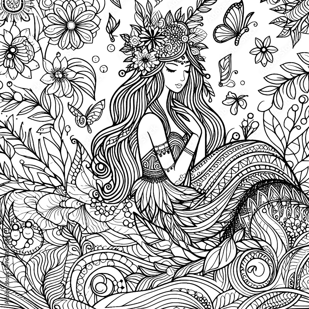 Floral pattern girl, Mavka coloring page adults and children. Printable ...
