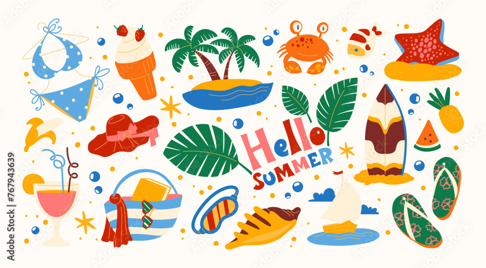 Cartoon summer beach stickers in retro 90s style. Summer party ...