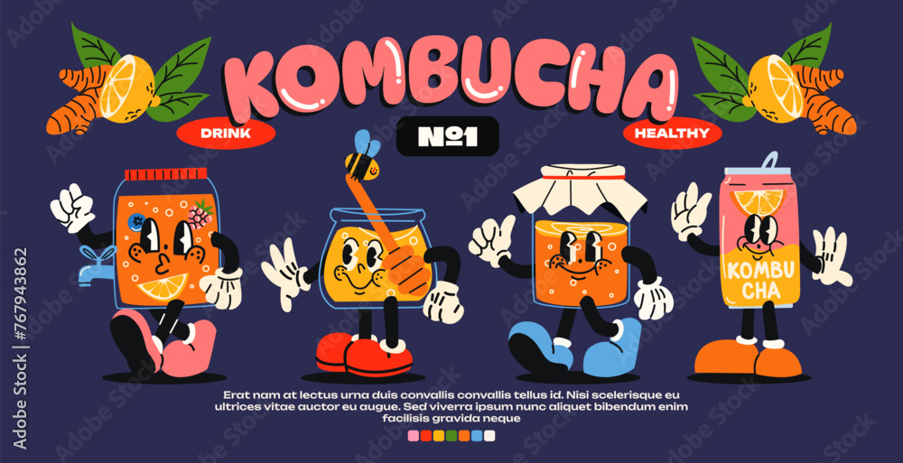 Mascot kombucha, fermented homemade tea in cartoon style. Poster with ...