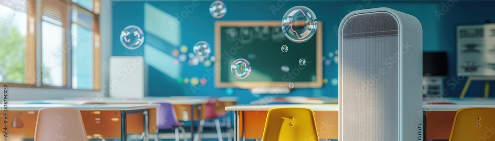 Conceptual air purifiers in a classroom, forming a protective bubble ...