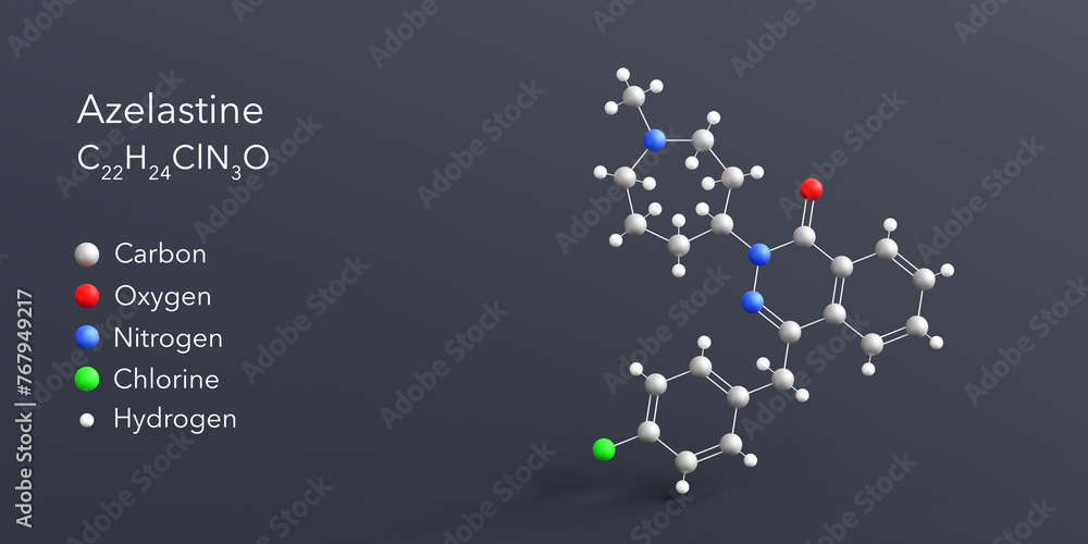 azelastine molecule 3d rendering, flat molecular structure with ...