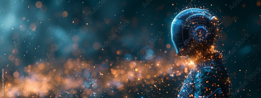 A digital warrior, armor composed of code and AI elements, standing ...