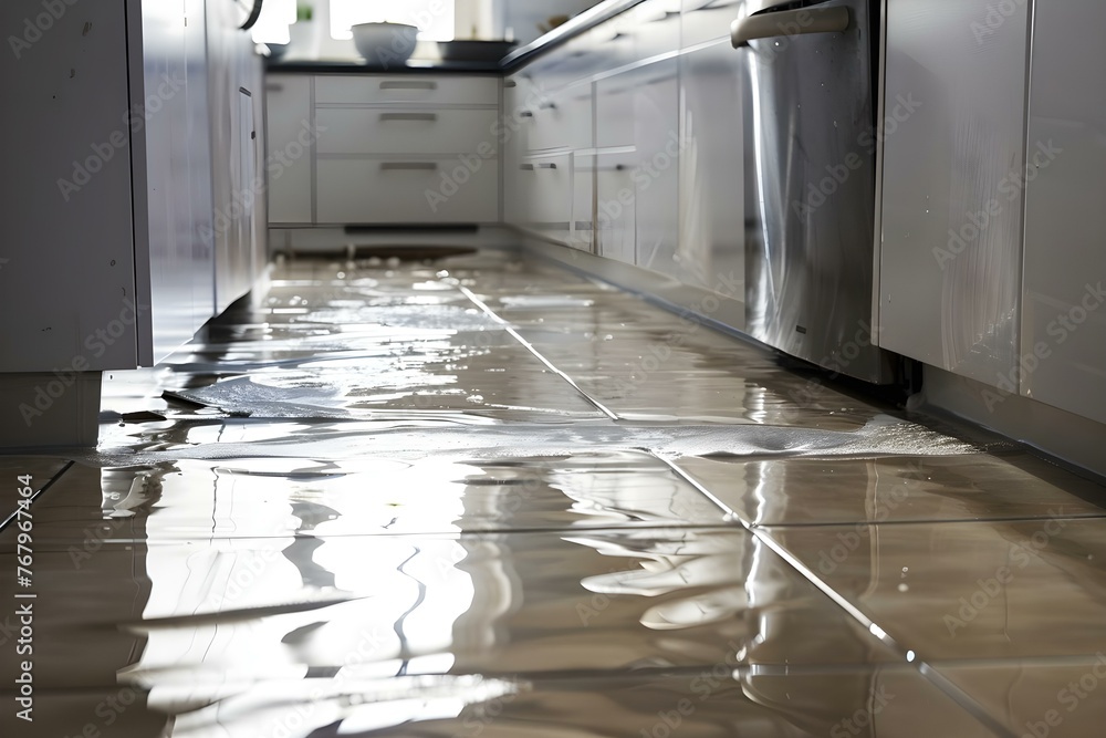 Kitchen floor flooded due to water leak causing property damage ...