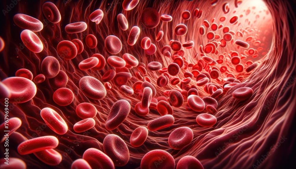 This image presents a detailed close-up view of red blood cells flowing ...