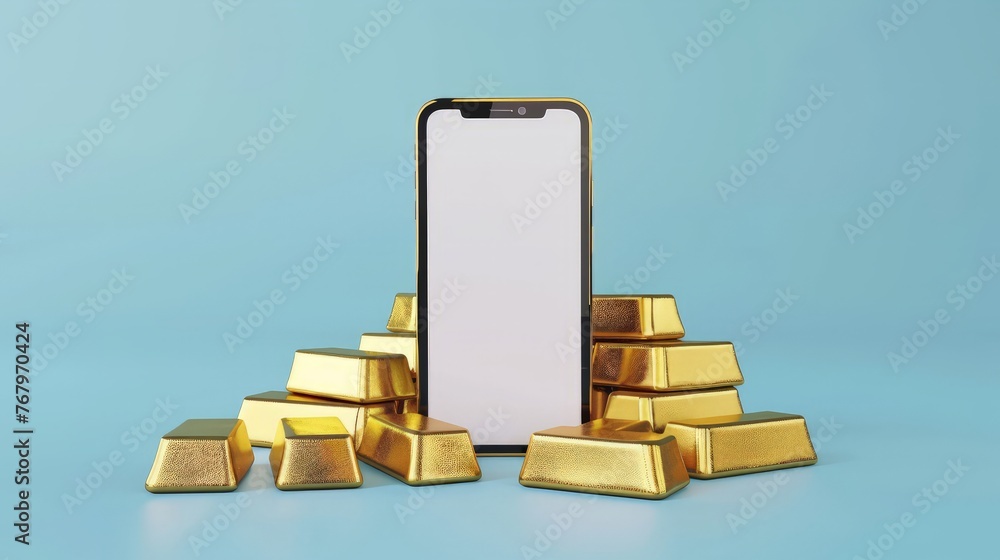 realistic smartphone with gold bars. gold price forecast concept. Stock ...
