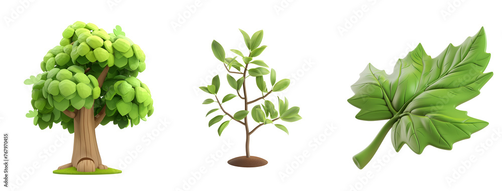 Simple Cartoon 3D Render of a Nature Set: Growing Tree, Falling Leaf ...