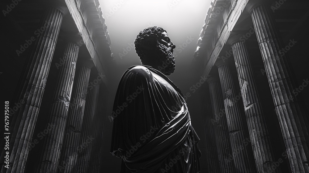 a dark of minimalist landscape depicting an ancient Greek society ...