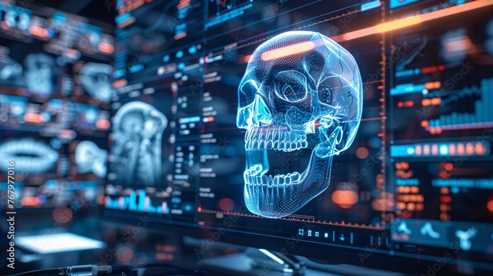 ภาพประกอบสต็อก a futuristic dental analysis scene of multiple holographic displays reveal ...