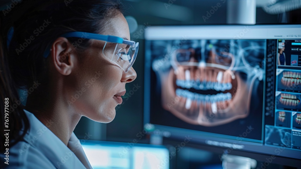 a futuristic dental analysis scene of multiple holographic displays reveal various angles and ...