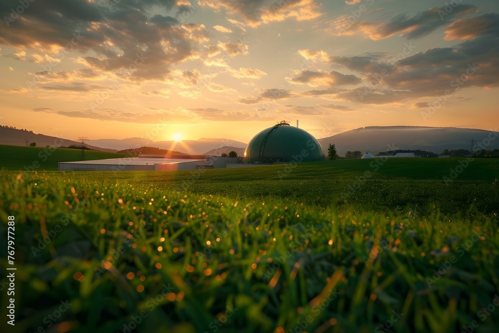 Sunset at a biogas plant in a rural area converting organic waste into ...