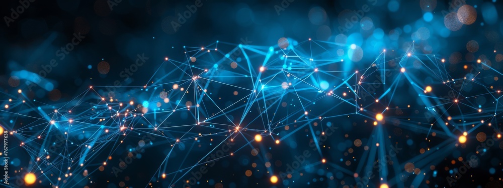 A network of interconnected digital nodes, with a central node ...