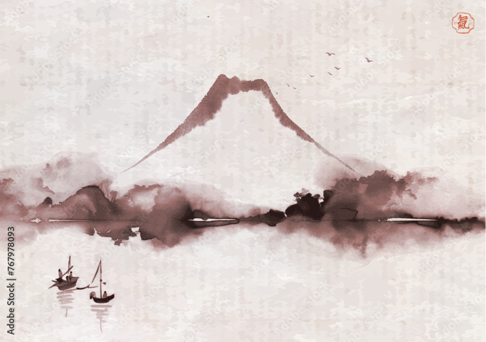 Monochrome ink wash painting with Fuji mountain, fishing boats, flying ...