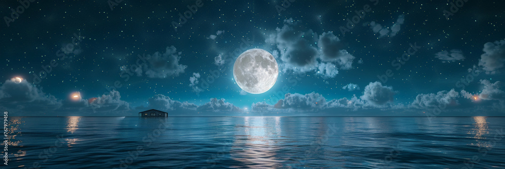full moon on sea at night background, blue moon with clouds on ocean ...