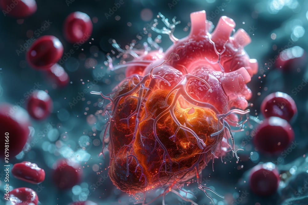 A detailed 3D model showing a tumor growth in the human heart ...