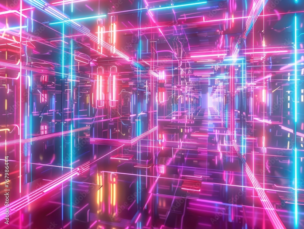 3D digital art piece featuring a maze of reflective surfaces and neon ...