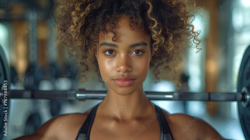 In the heart of a bustling gym, a determined girl lifts weights with ...