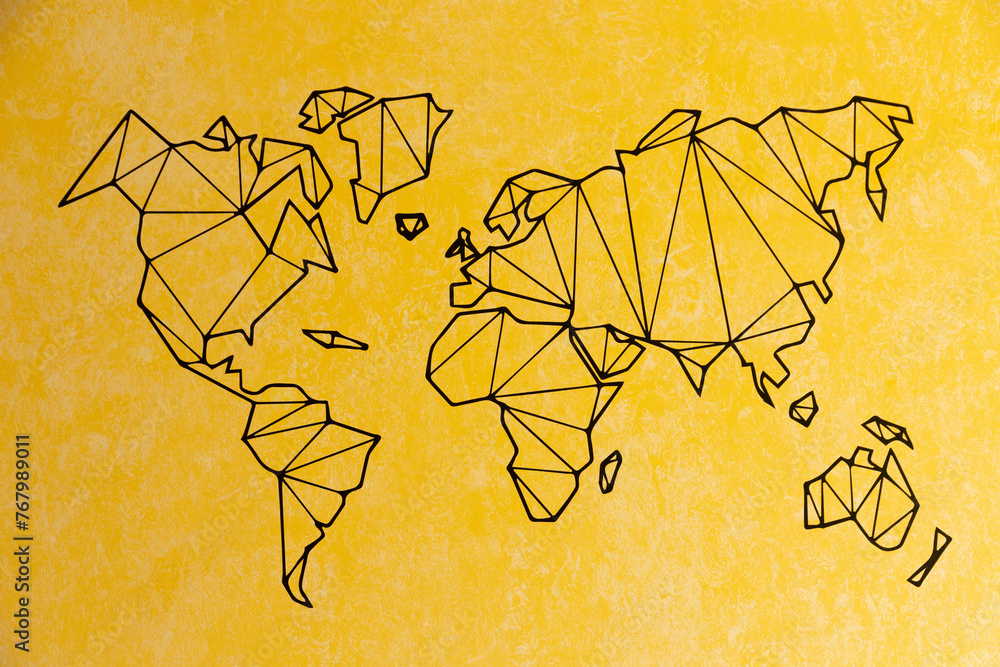 Real detailed world map of continents. Isolated on a yellow background ...