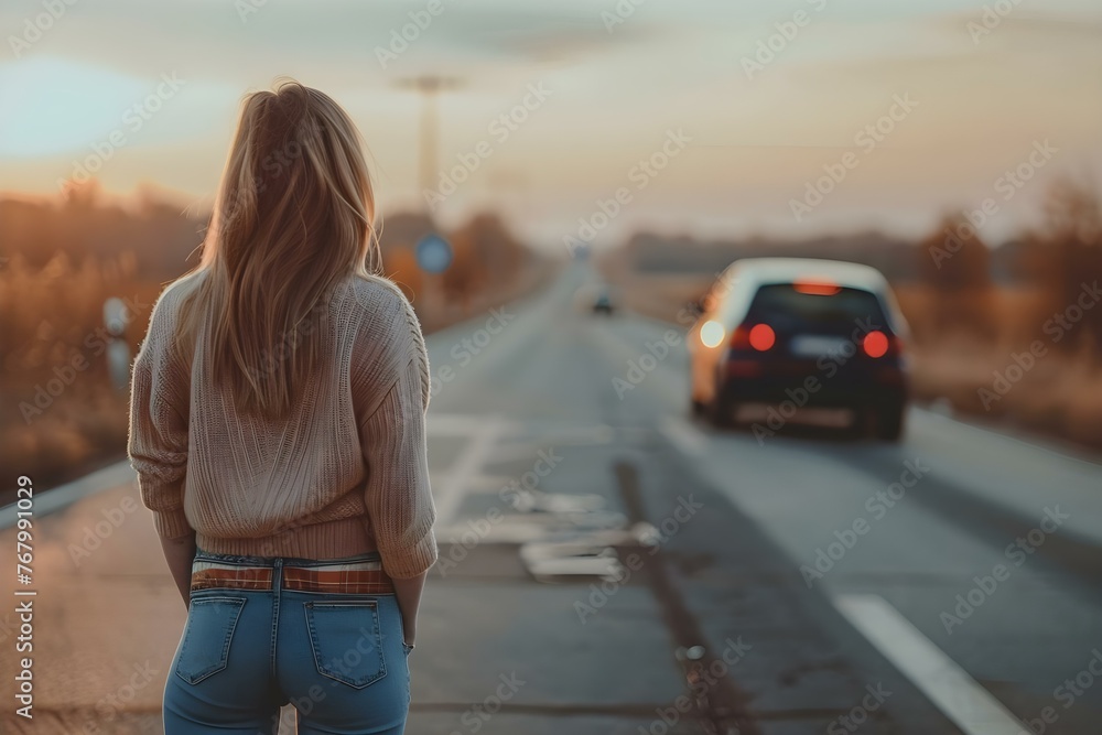 Woman seeking help after a car accident: Standing by her car on the ...