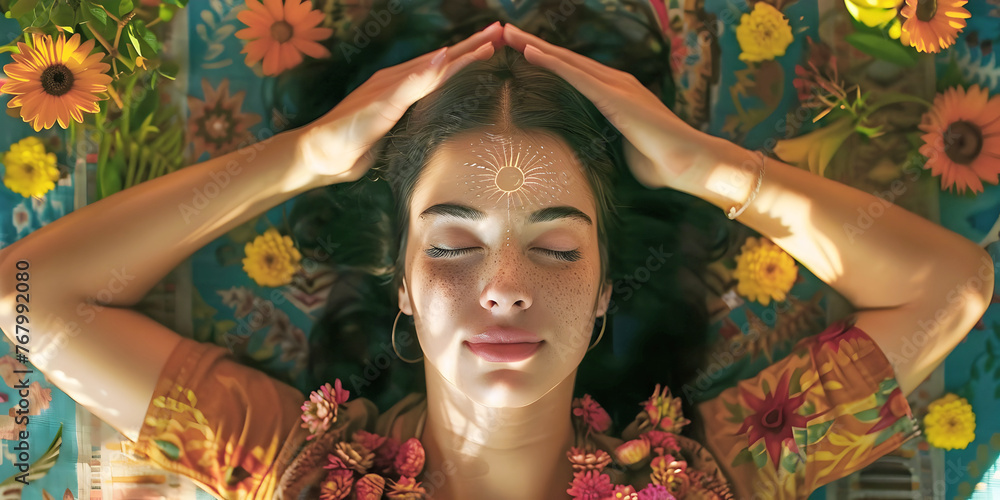 Reiki Self healing on the Crown Chakra - young woman lying on her back ...