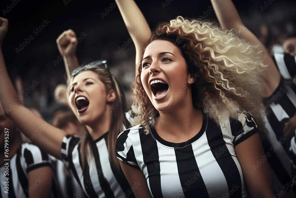 A group of womens female soccer football fans crowd celebrating a ...