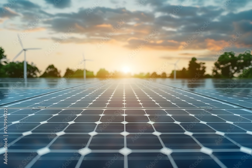 Producing clean sustainable energy with solar panels and wind turbines ...