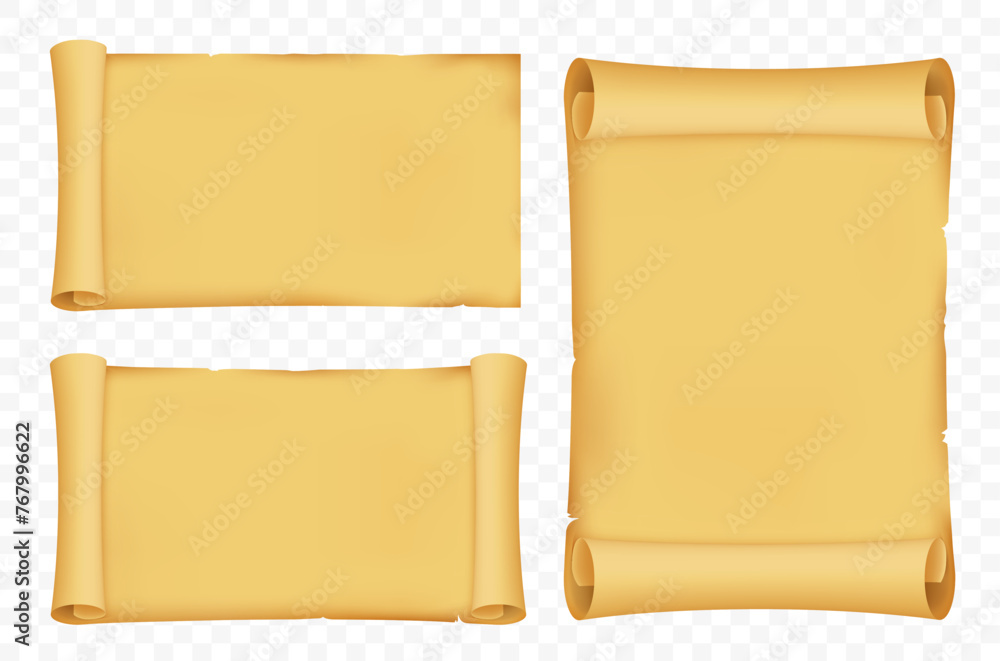 Blank paper scrolls or ancient manuscripts. Isolated on a transparent ...