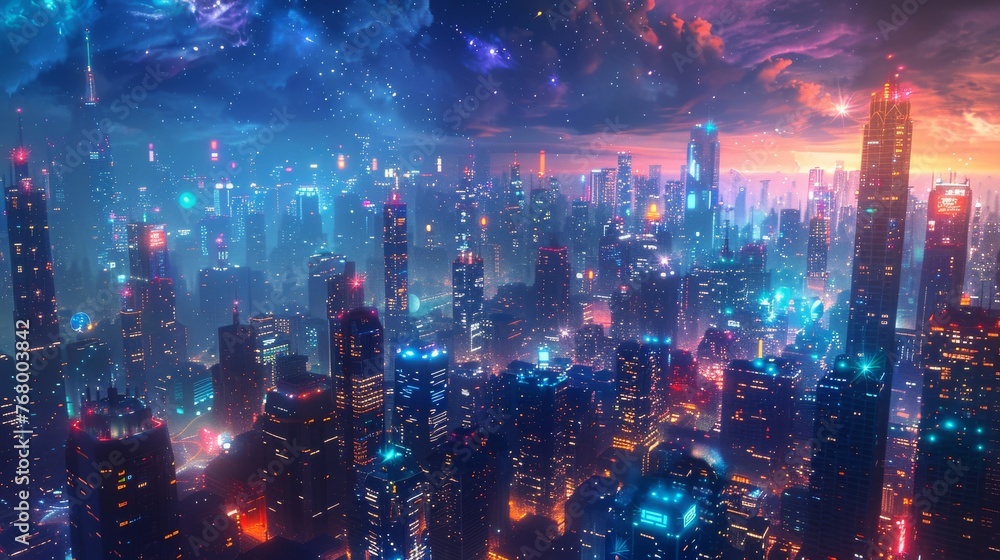 a sci-fi urban landscape that merges neon-lit virtual architecture with ...