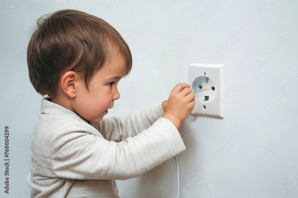 Child sticks electric wire into wall socket, danger of electric shock ...