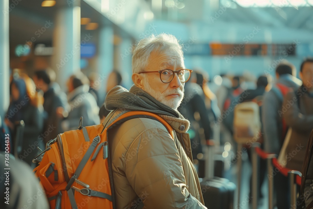 Serious Old senior man wearing glasses in airport with luggages looking ...