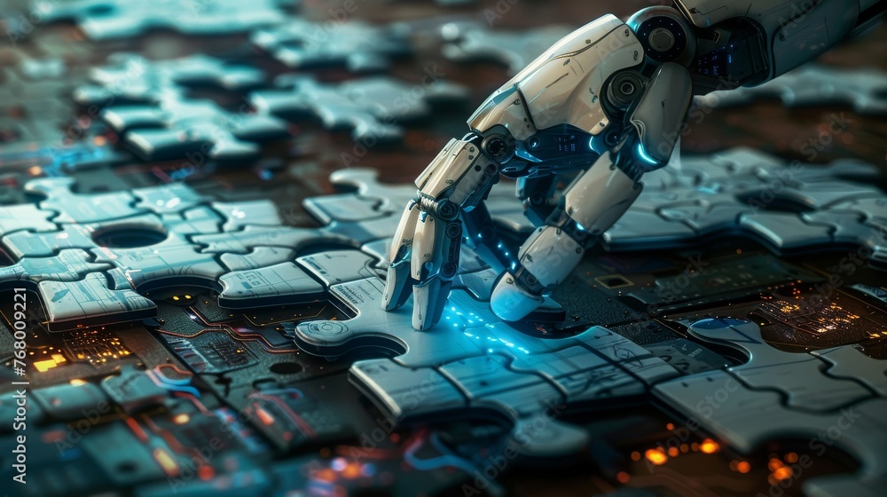 an image of a complex digital puzzle being assembled by robotic hands ...