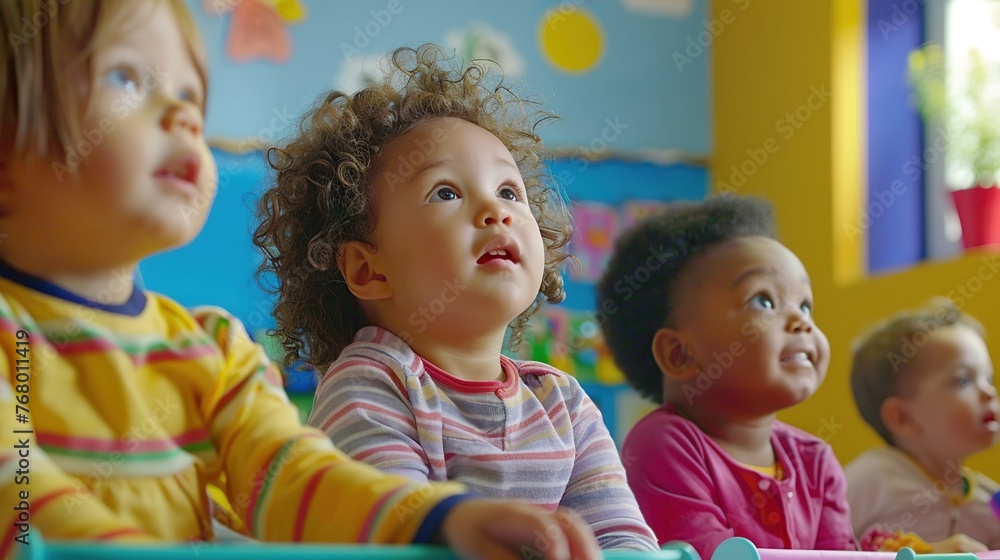 Cute Diverse Group of Toddlers Sitting in Classroom and Looking in Awe ...