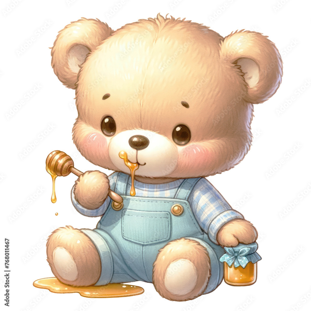 Watercolor Teddy Bear with Honey Jar Clipart on Transparent Background ...
