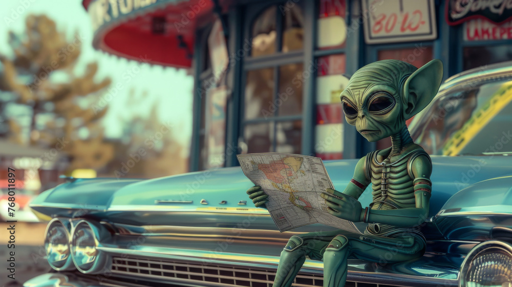 An alien figure with a map sits contemplatively on the hood of a ...