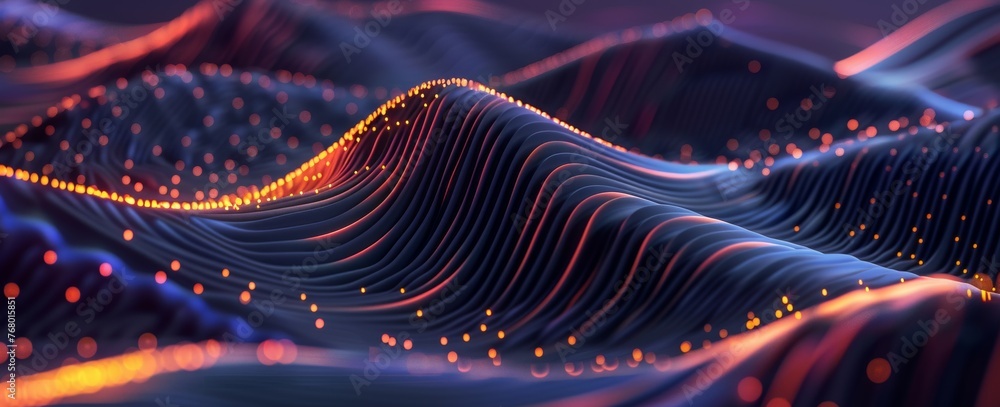 Rhythmic dotted waves in shades of blue and red ripple across this ...